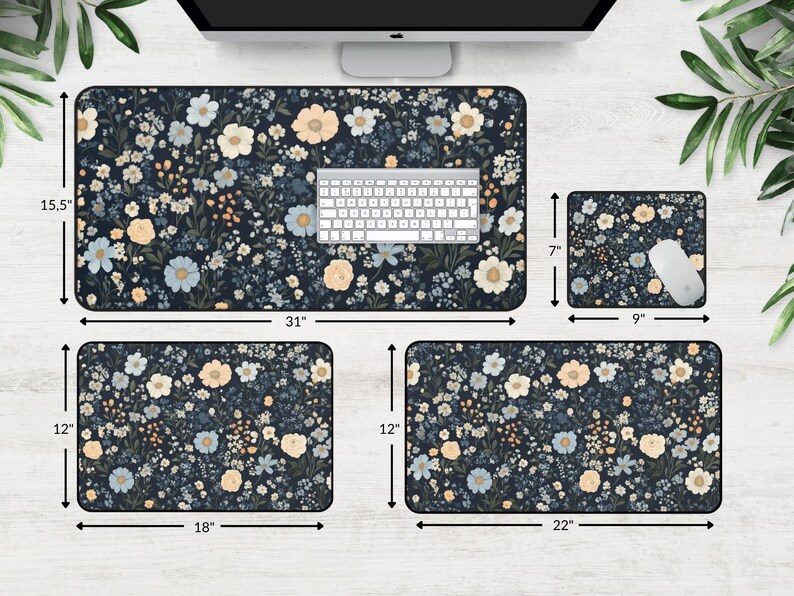 Dark Blue Floral Desk Mat, Floral Mousepad, Botanical Floral Desk Mat ...