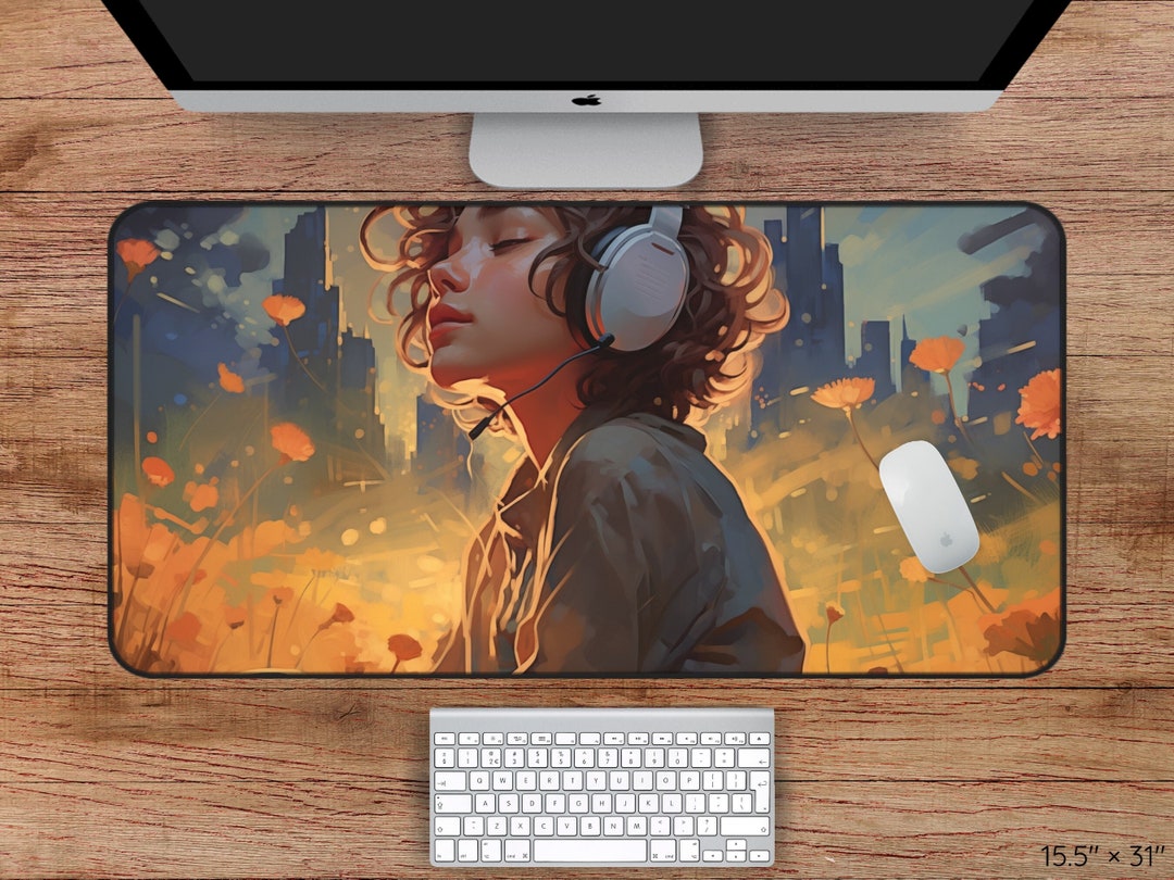 Lofi Music Girl Desk Mat, Music Enchantment Desk Mat, Music and Cozy ...