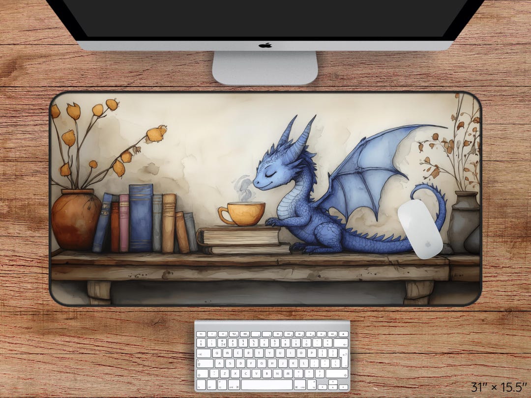Cute Dragon Desk Mat, Blue Dragon Mouse Pad, Fantasy Desk Mat, Bookworm ...