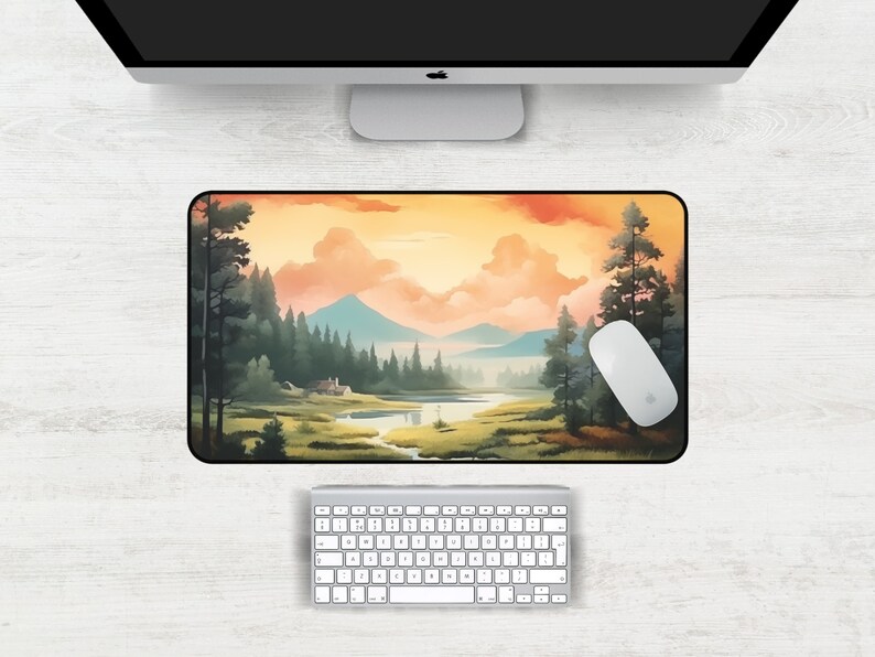 Nature Landscape Desk Mat, Watercolor Landscape Desk Mat, Large Nature ...