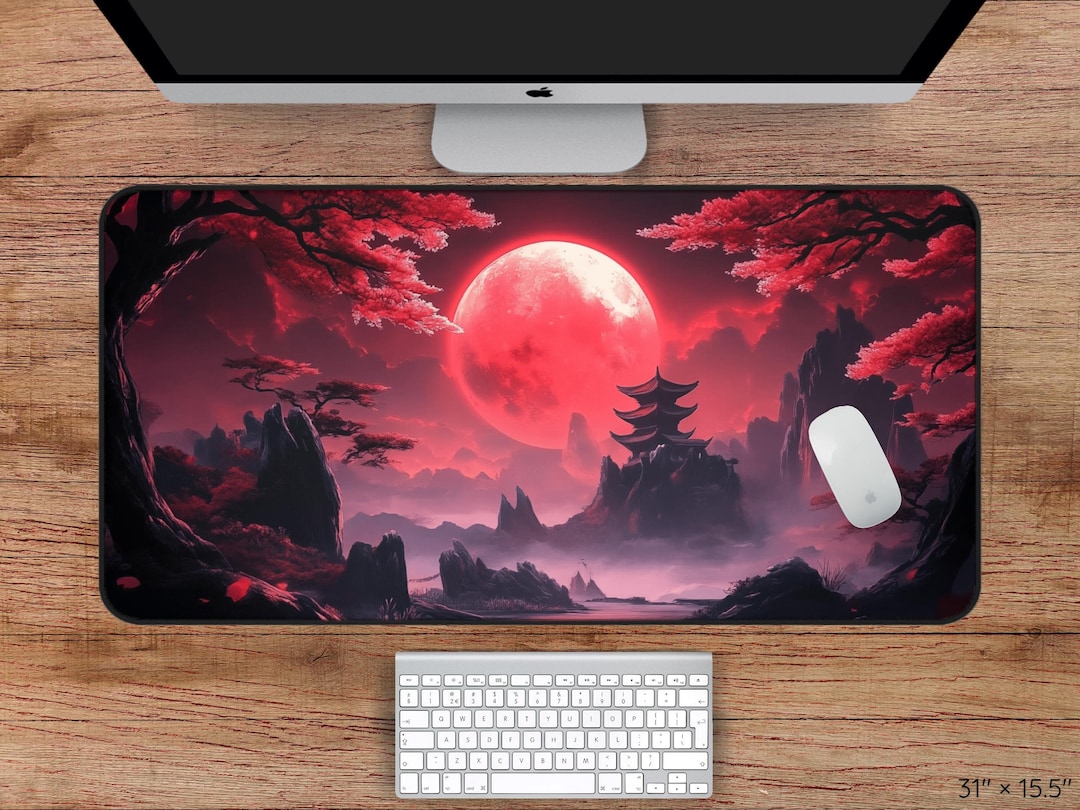 Japanese Red Moon Desk Mat, Japanese Landscape Desk Mat, Red Dark Desk ...