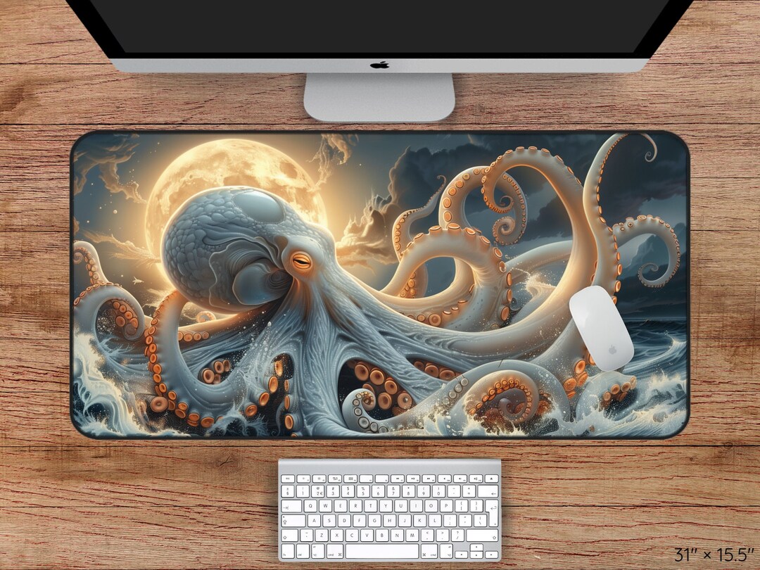 White Octopus Desk Mat, Octopi Moon Mousepad, Octopus Mouse Pad, Gaming ...