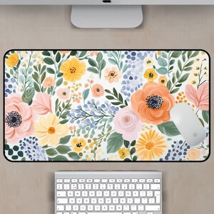 Cute and Colorful Floral Desk Mat and Mouse Pad, Floral Kawaii Desk Mat ...