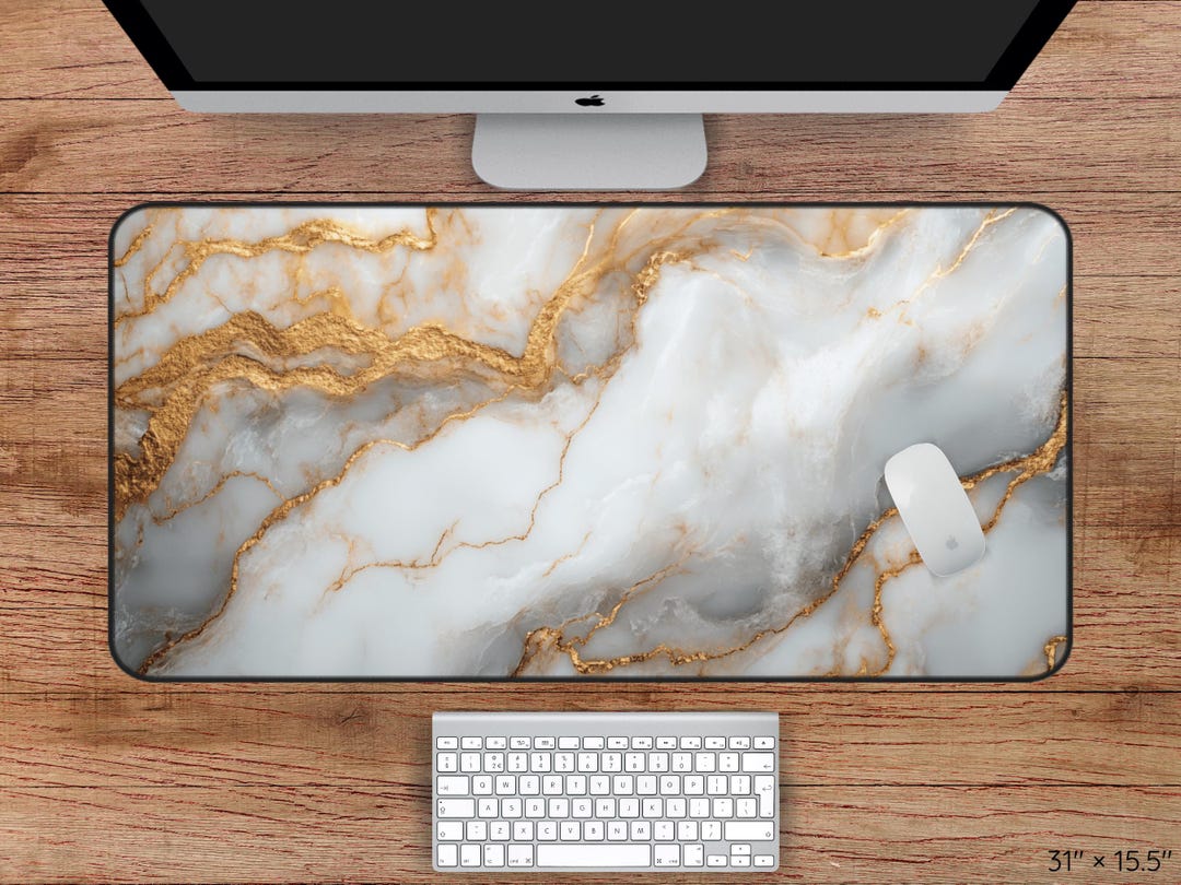 White and Gold Marble Desk Mat and Mouse Pad, Aesthetic White Marble ...