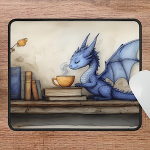 Cute Dragon Desk Mat, Blue Dragon Mouse Pad, Fantasy Desk Mat, Bookworm ...