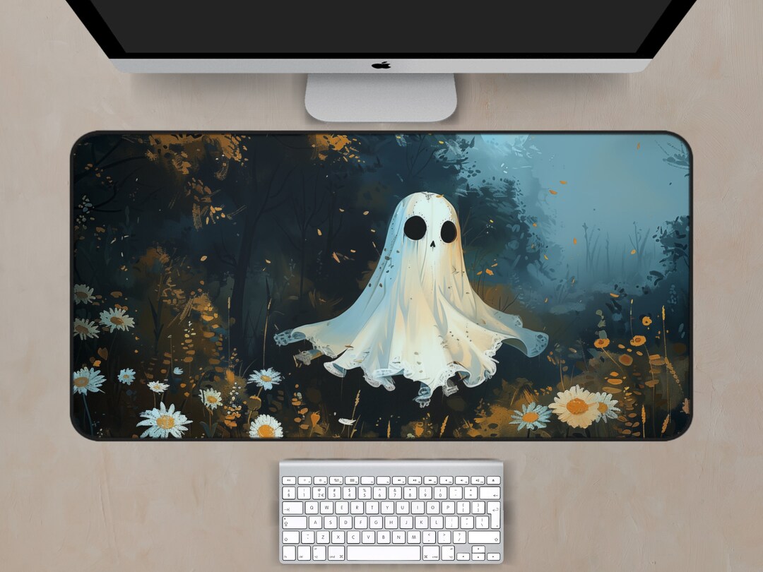 Aesthetic Floral Ghost Desk Mat, Lone Ghost Desk Mat, Spooky Ghost Desk ...