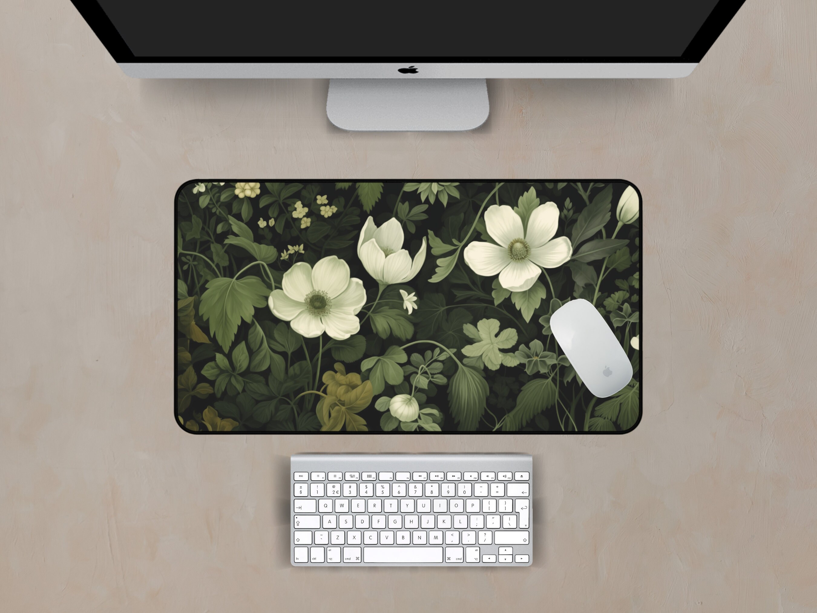 Botanical Art Desk Mat, Nouveau Floral Desk Mat, Sage Green Floral and ...