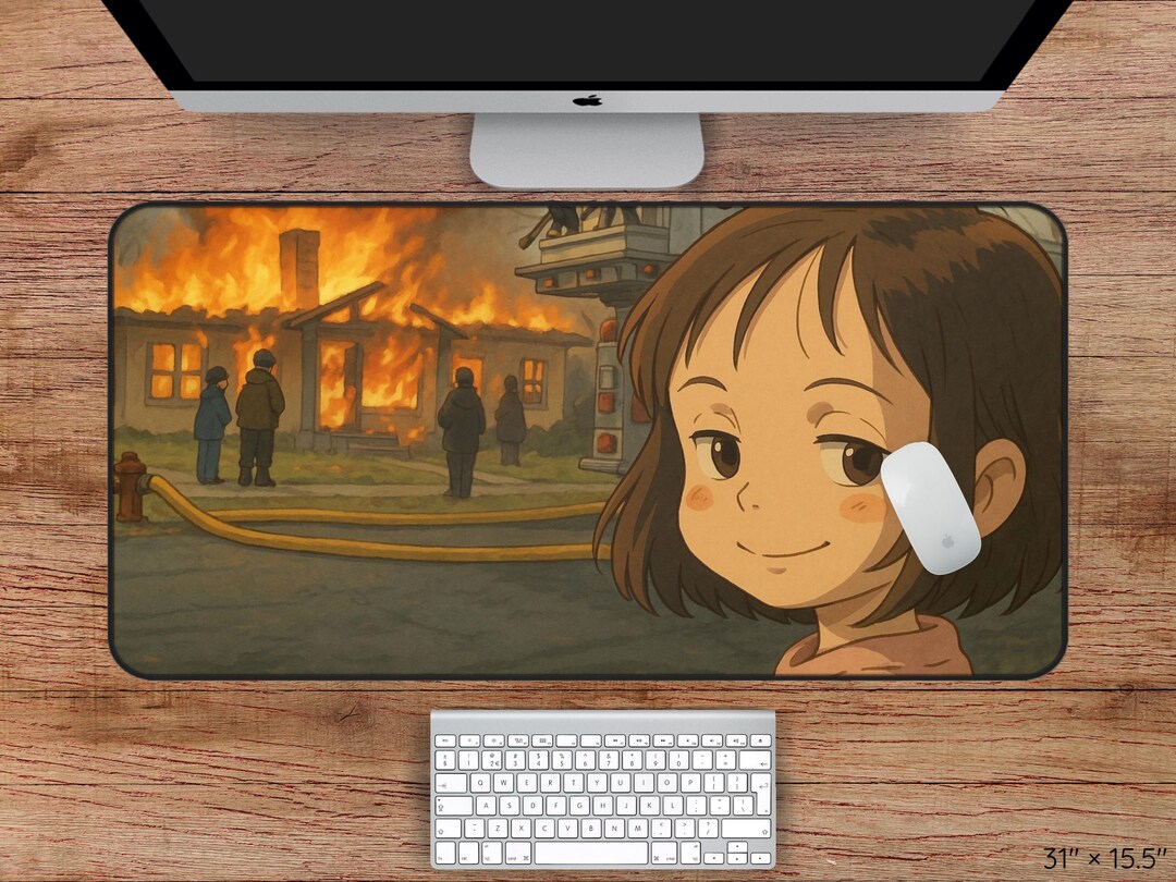Disaster Girl Desk Mat in Ghibli Style - Burning House Meme Desk Mat ...