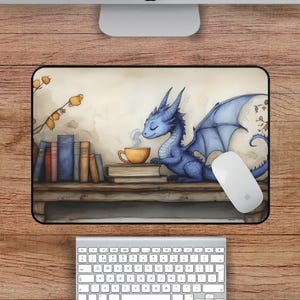 Cute Dragon Desk Mat, Blue Dragon Mouse Pad, Fantasy Desk Mat, Bookworm ...
