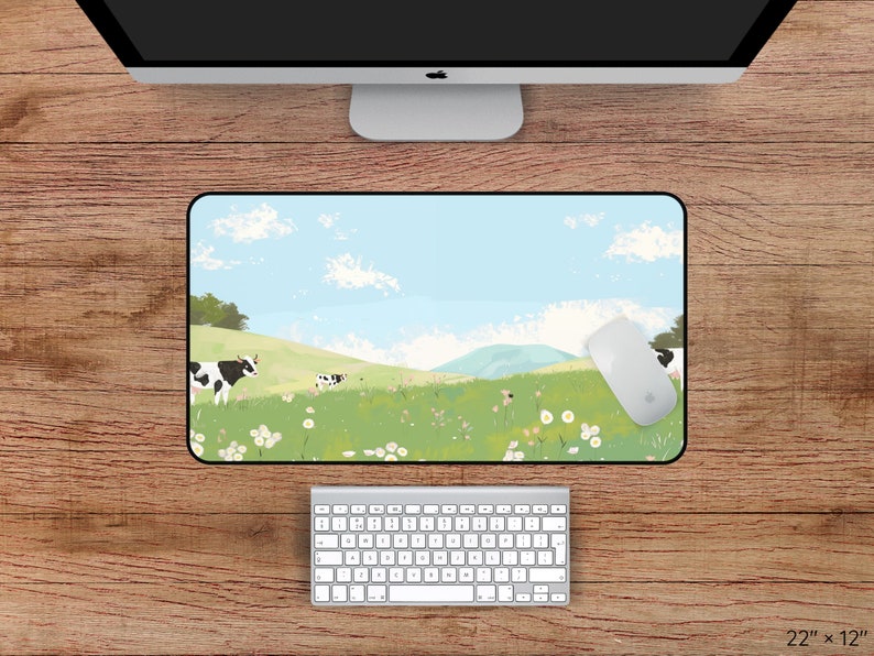 Farmhouse Cow Desk Mat, Cottagecore Desk Mat - Highland Cows in Green ...