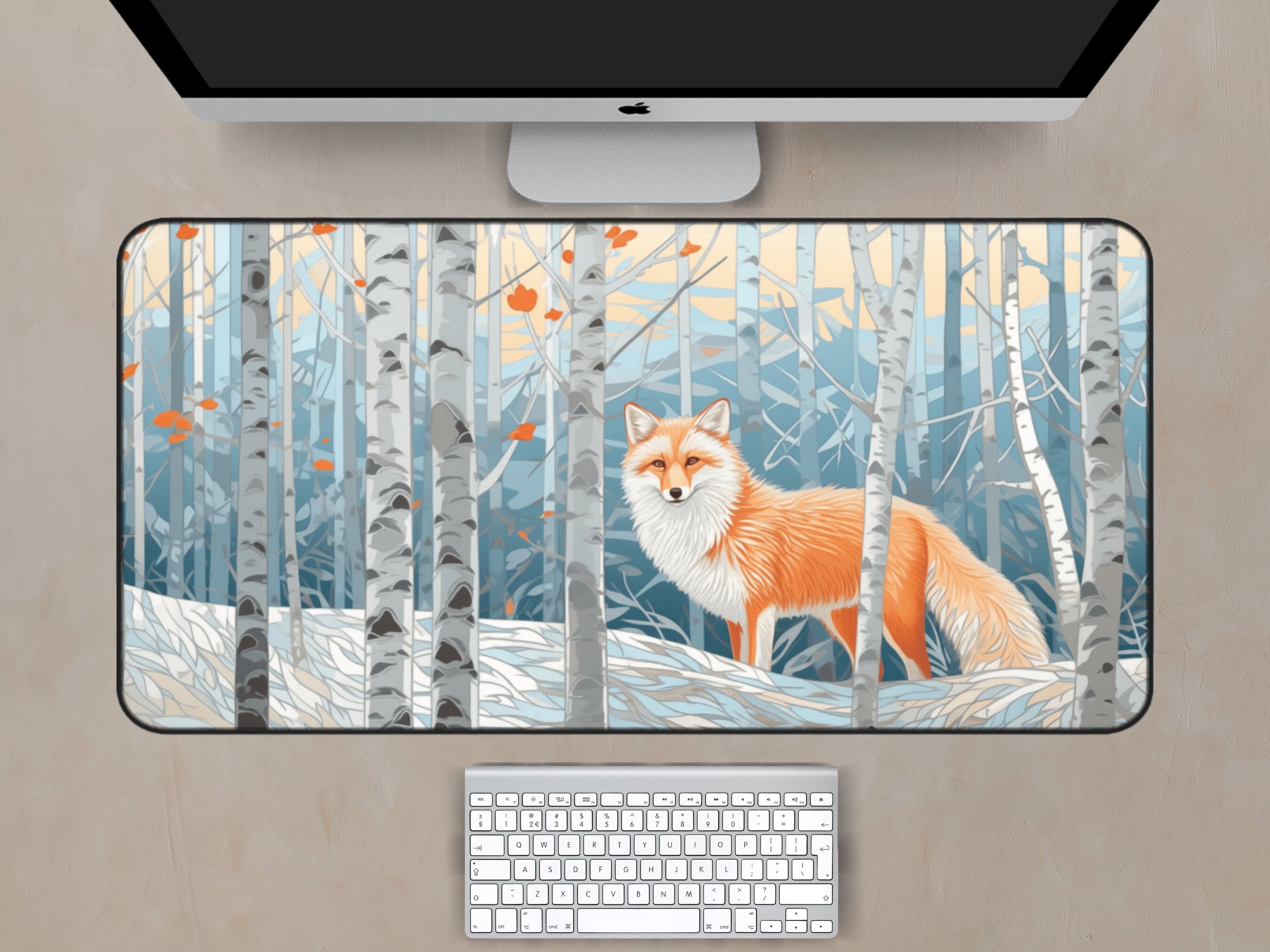 Fox in Birch Forest Desk Mat, Cottagecore Fox Desk Mat, Nature Desk Mat ...