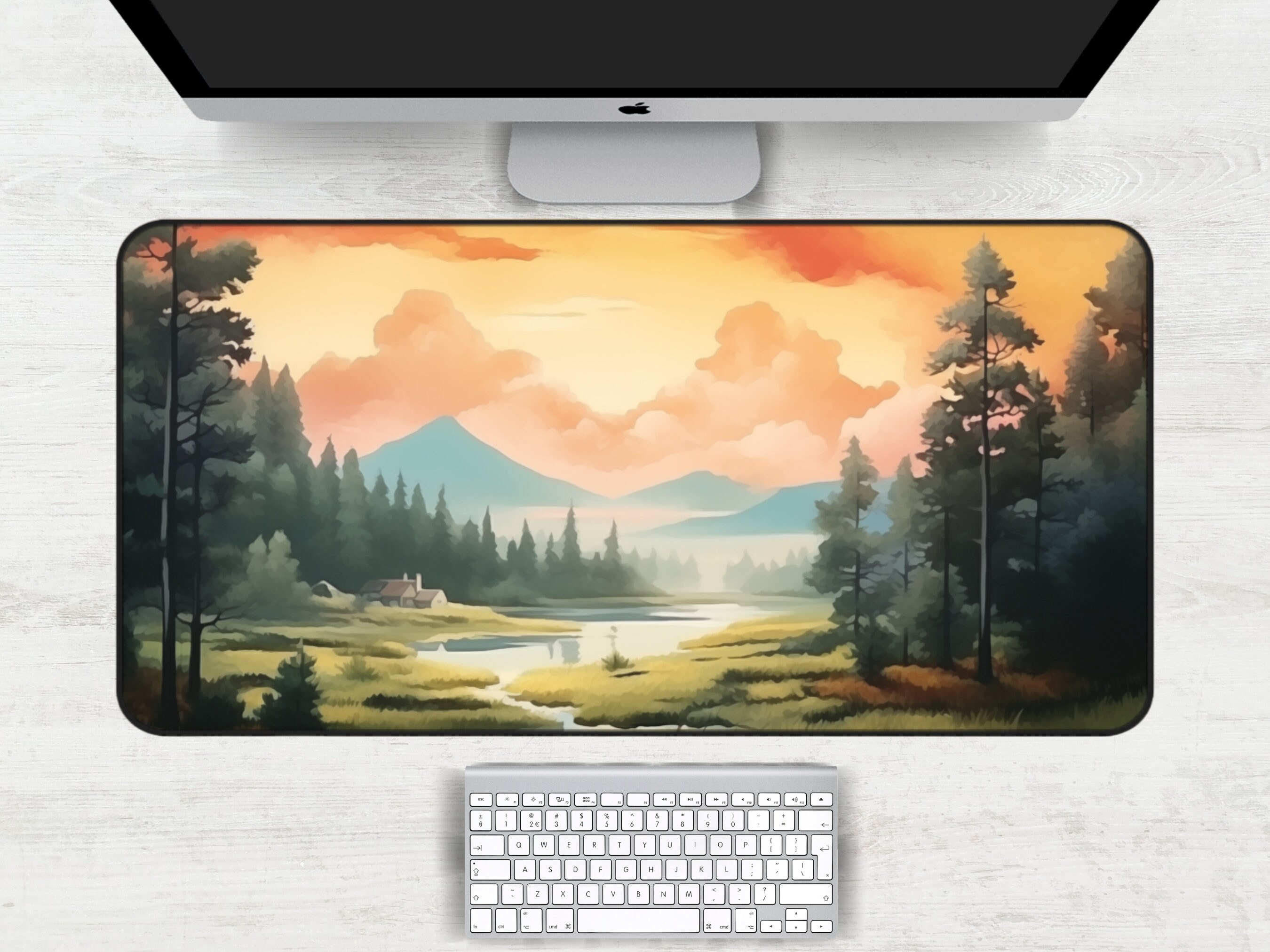 Nature Landscape Desk Mat, Watercolor Landscape Desk Mat, Large Nature ...