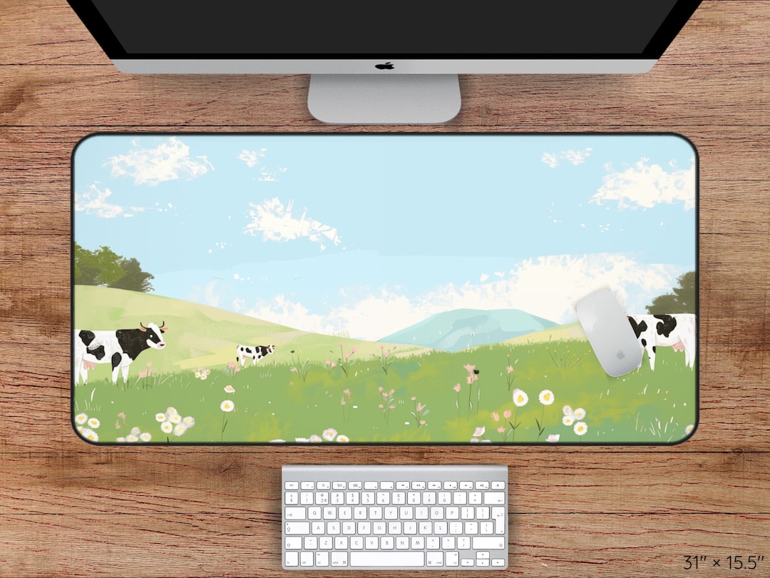 Farmhouse Cow Desk Mat, Cottagecore Desk Mat - Highland Cows in Green ...