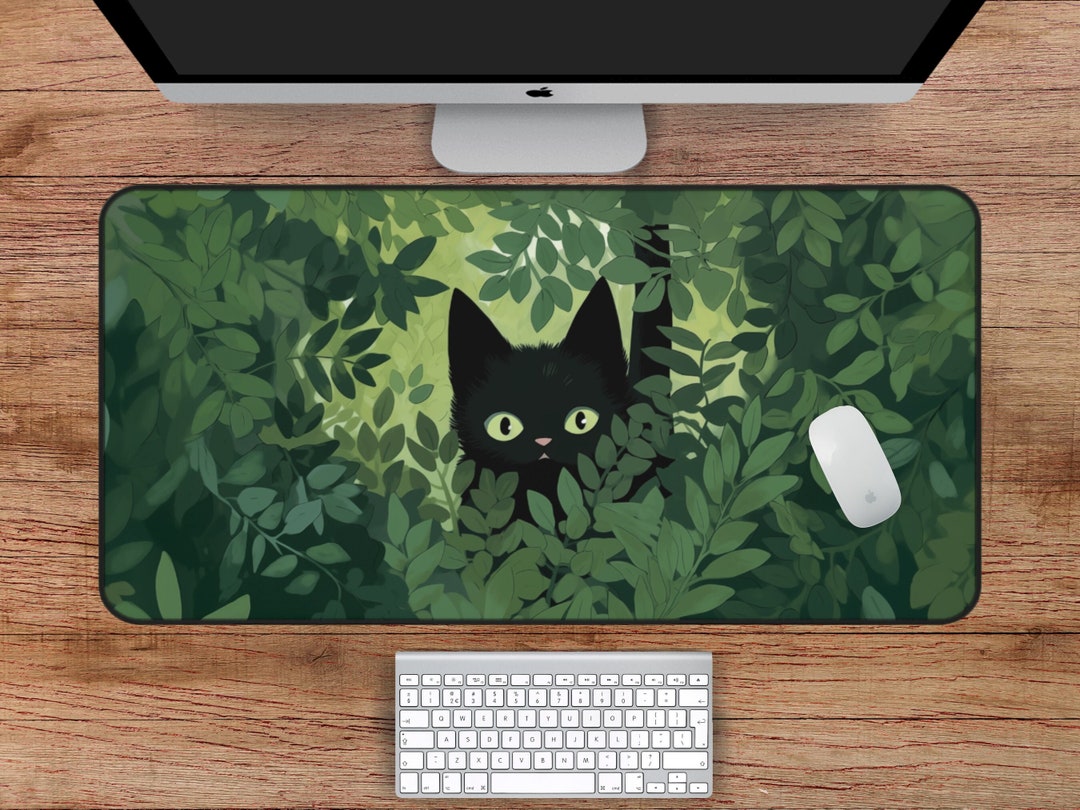 Surprised Black Cat Anime Desk Mat, Cute Kawaii Cat Desk Mat, Unique ...