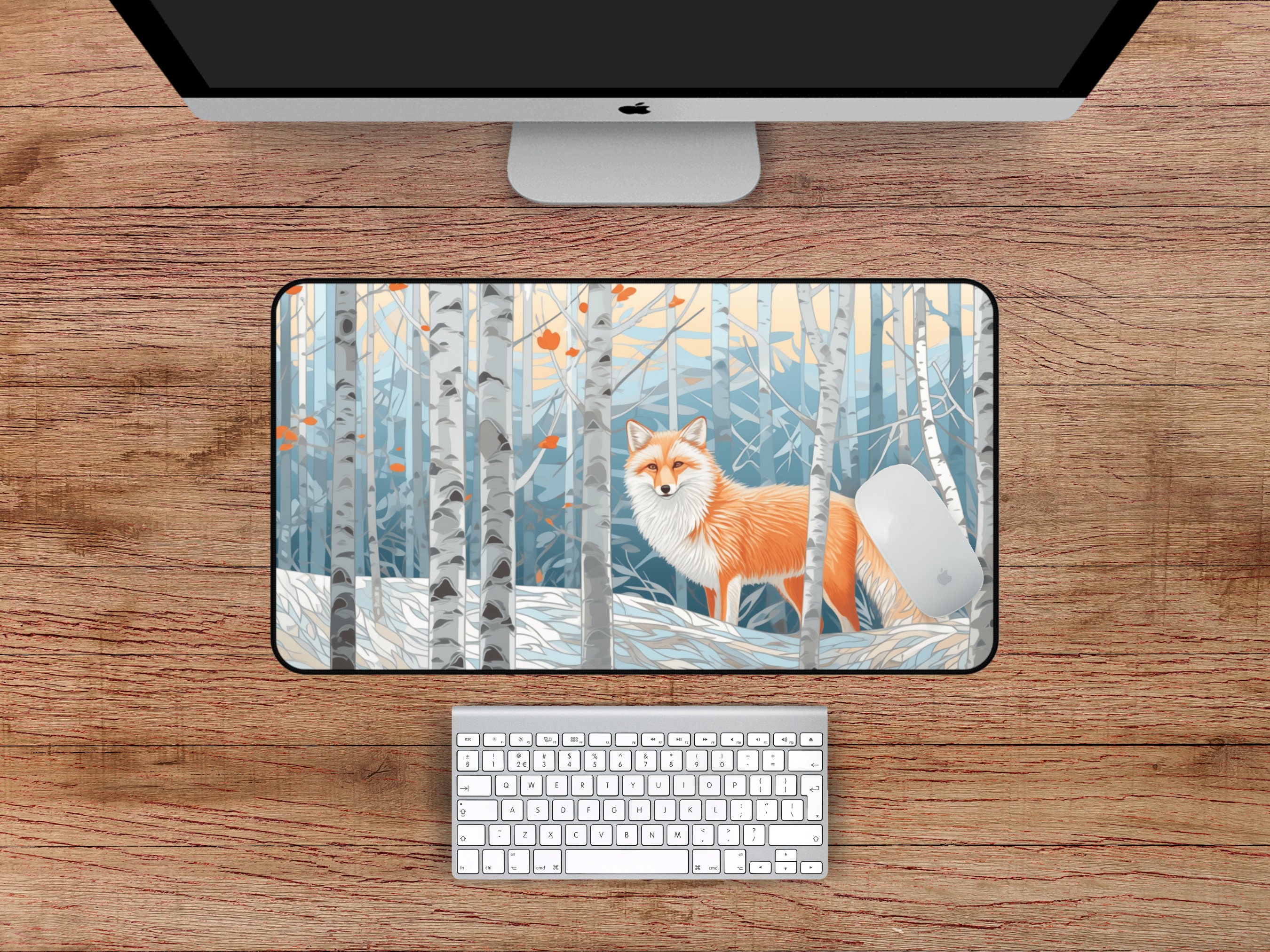 Fox in Birch Forest Desk Mat, Cottagecore Fox Desk Mat, Nature Desk Mat ...