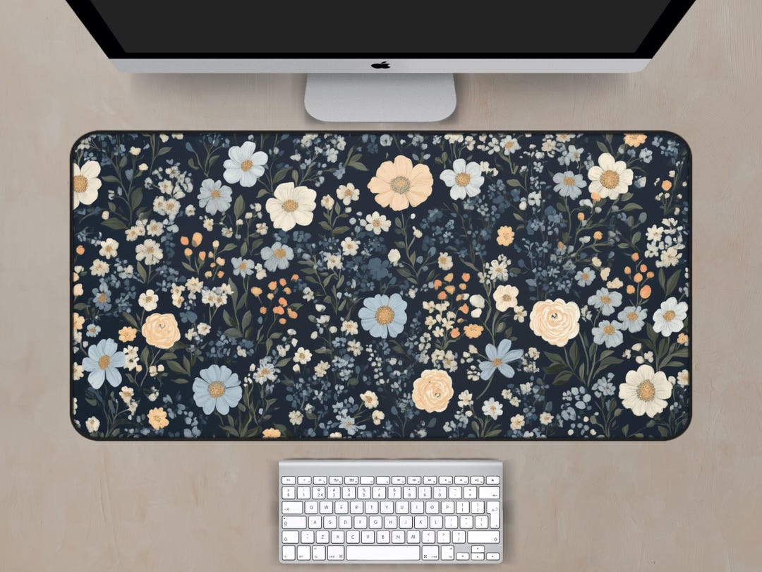 Dark Blue Floral Desk Mat, Floral Mousepad, Botanical Floral Desk Mat ...