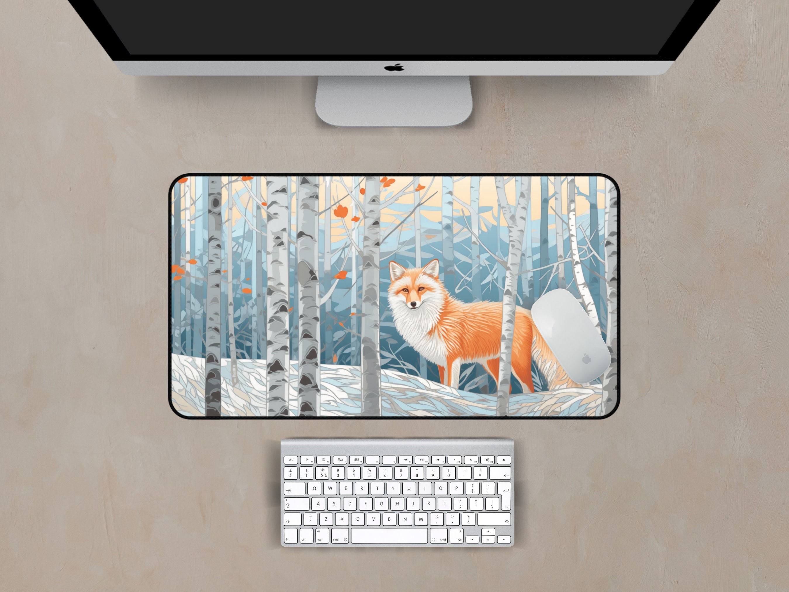 Fox in Birch Forest Desk Mat, Cottagecore Fox Desk Mat, Nature Desk Mat ...