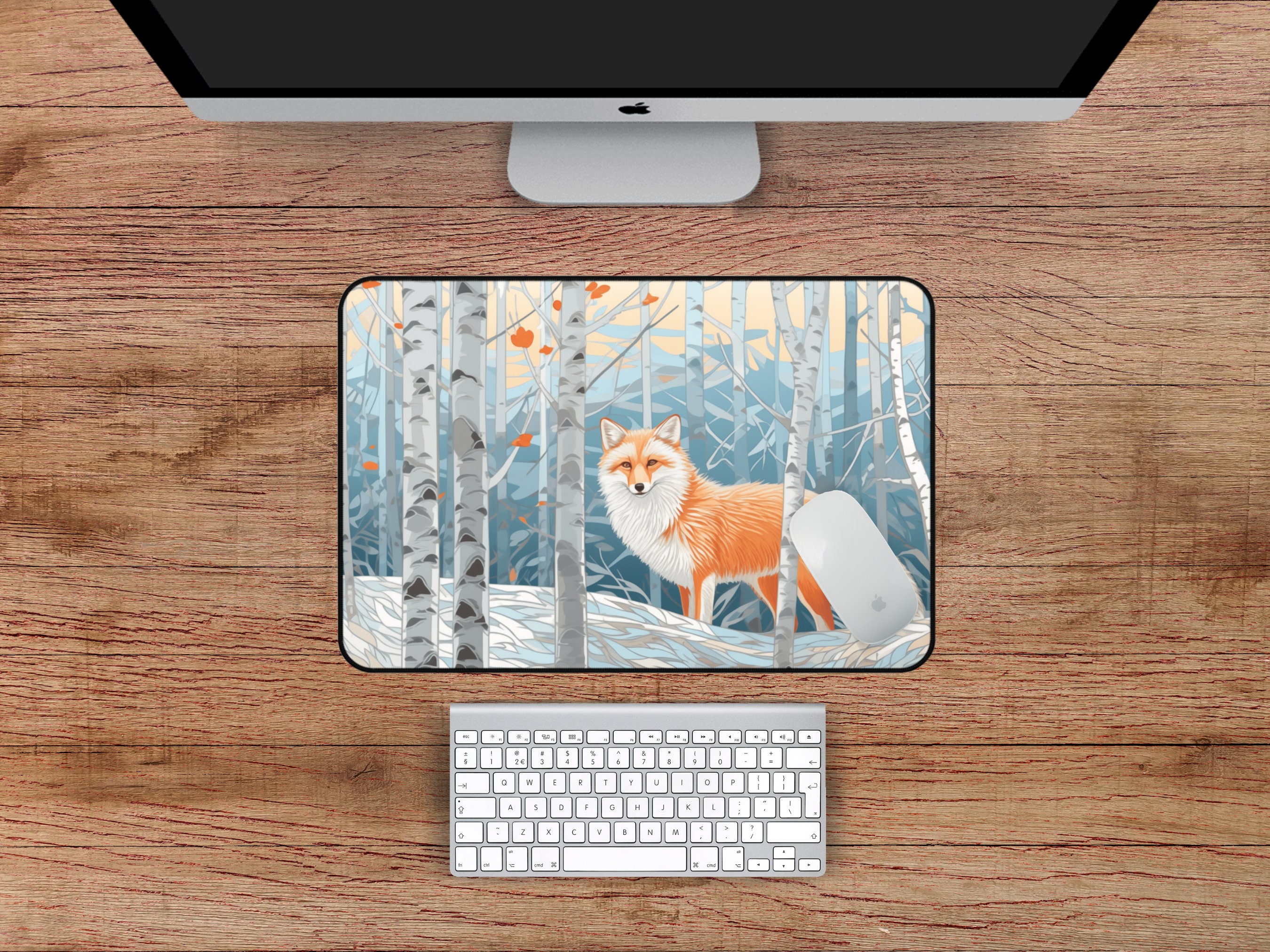 Fox in Birch Forest Desk Mat, Cottagecore Fox Desk Mat, Nature Desk Mat ...
