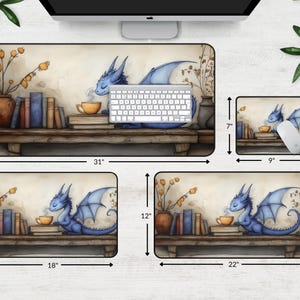 Cute Dragon Desk Mat, Blue Dragon Mouse Pad, Fantasy Desk Mat, Bookworm ...