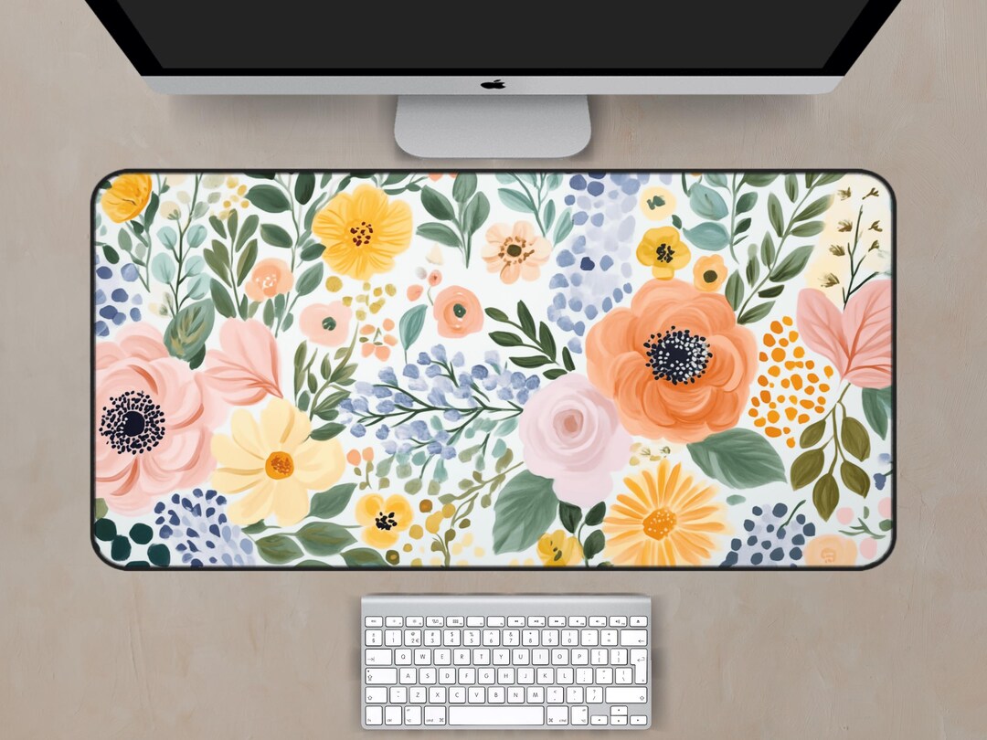 Cute and Colorful Floral Desk Mat and Mouse Pad, Floral Kawaii Desk Mat ...