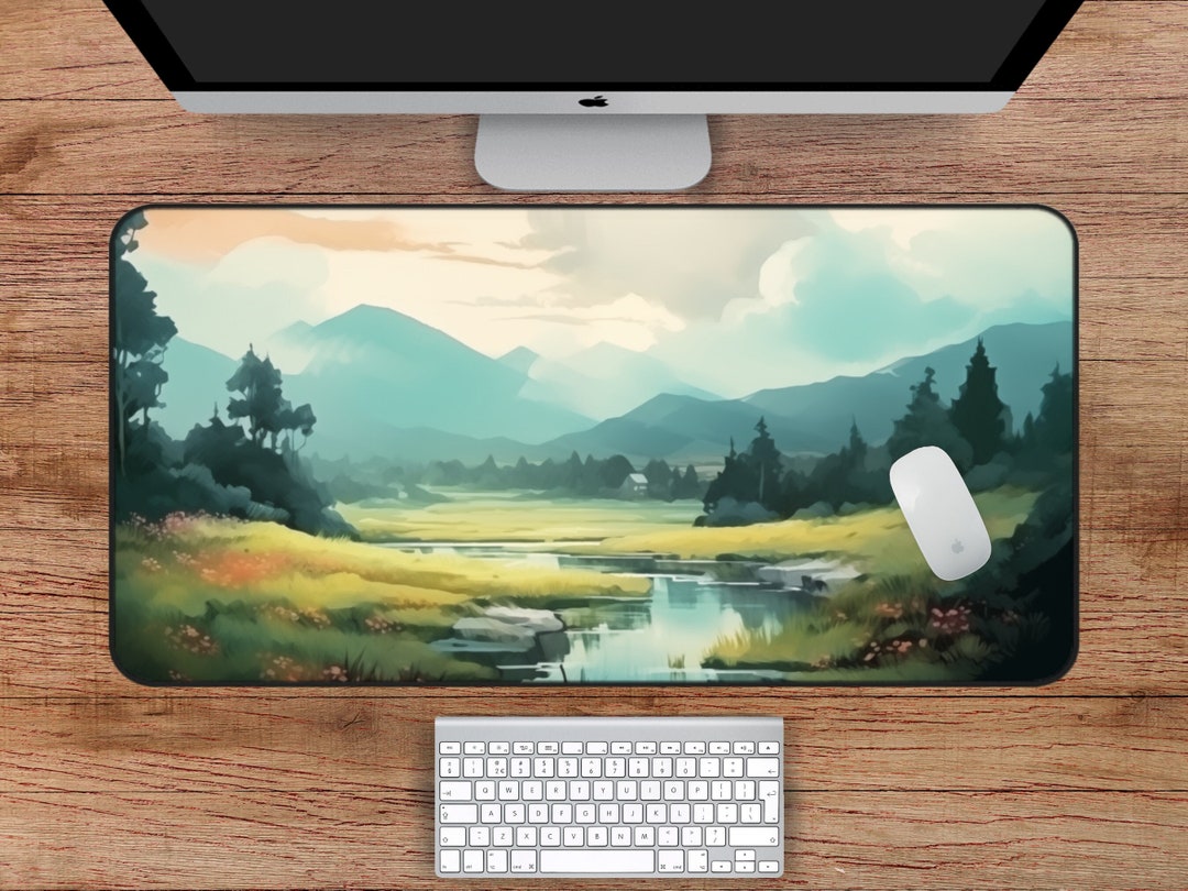 Nature Desk Mat With Watercolored Landscape Art, Cozy Home Office Decor ...