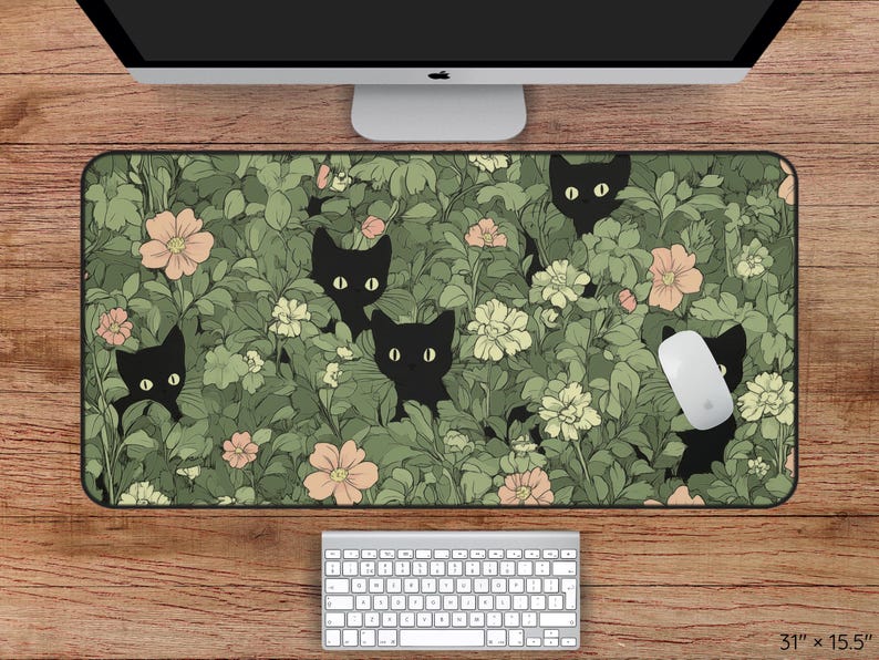 Hidden Kitten Green Desk Mat, XL Cat Cute Plant Cool Desk Pad, Keyboard ...