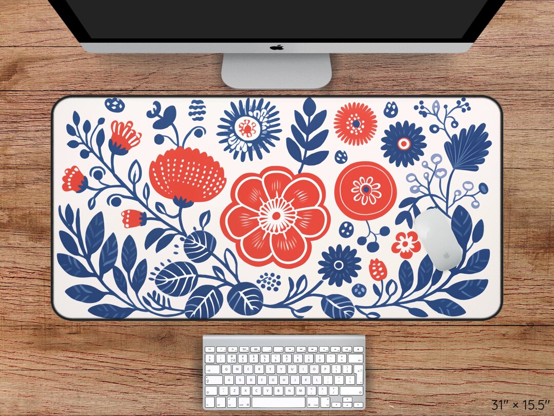 Red & Blue Floral Desk Mat, Polish Pottery Art Desk Mat for Chic ...