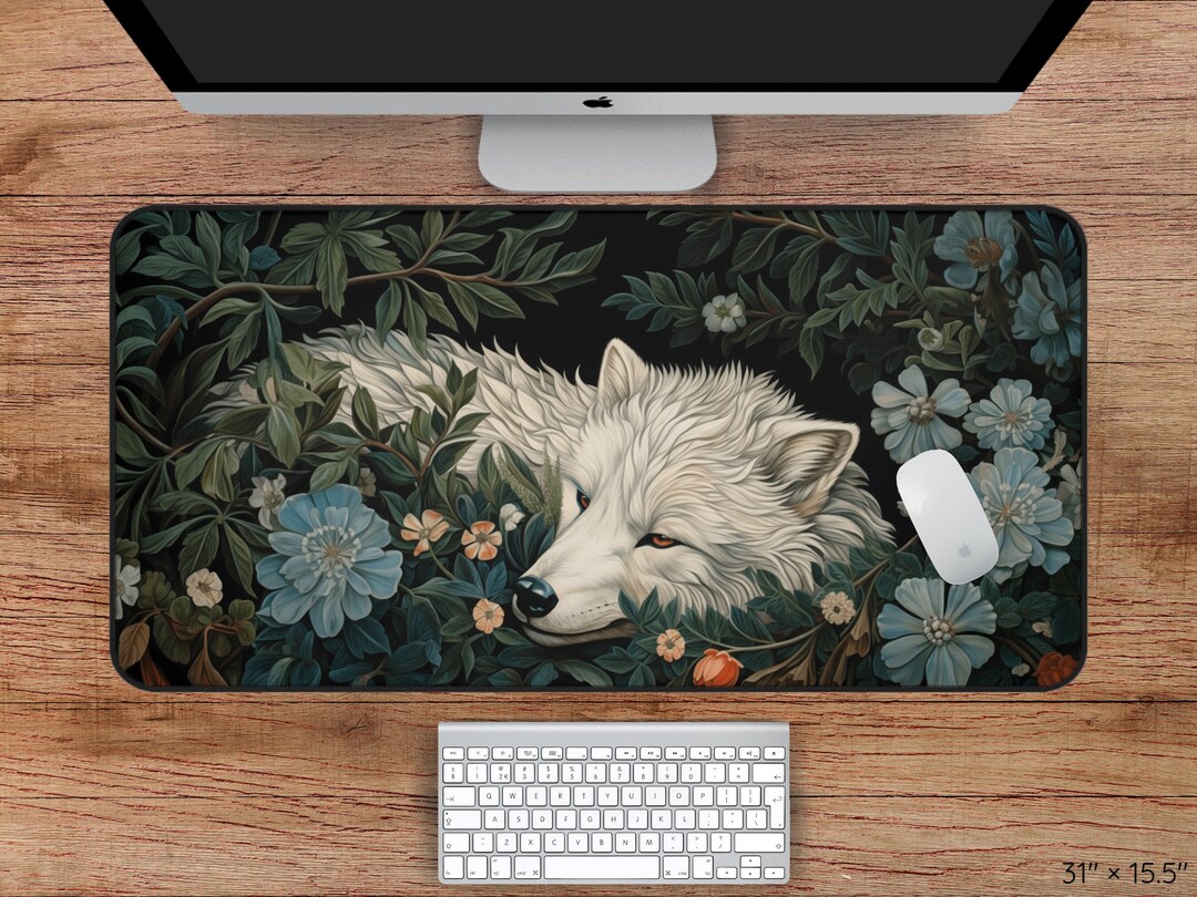 Botanical White Wolf Desk Mat, Cozy Floral Wolf Desk Pad, Aesthetic ...