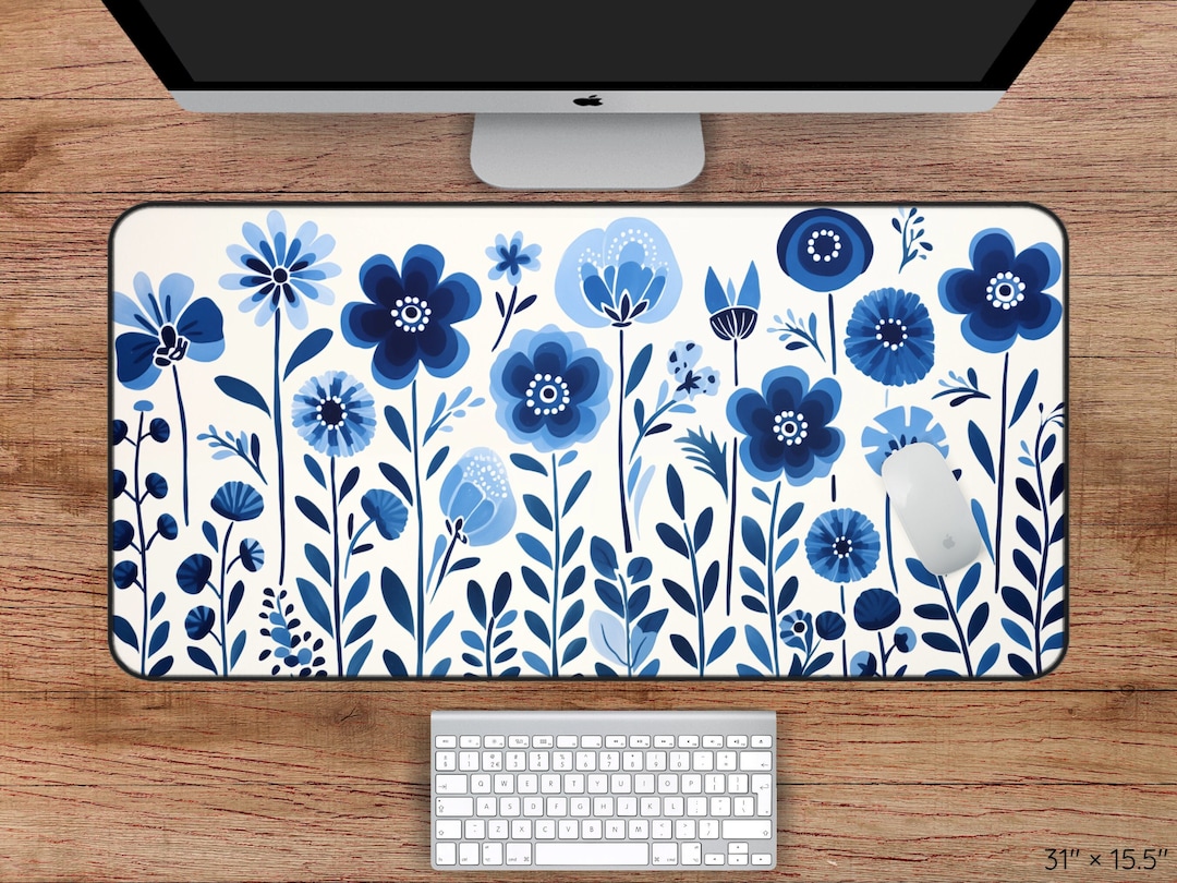 Simplistic Blue Flower Desk Mat, Polish Pottery Art Desk Mat for ...