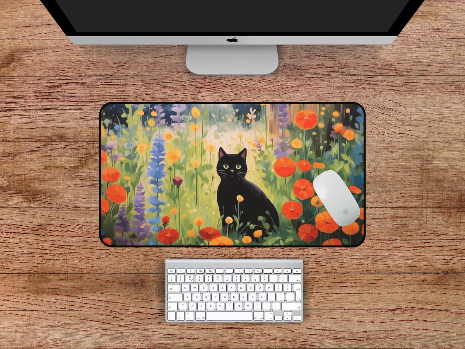 Colorful Garden Cat Desk Mat, Kawaii Anime Desk Mat With Black Cat ...