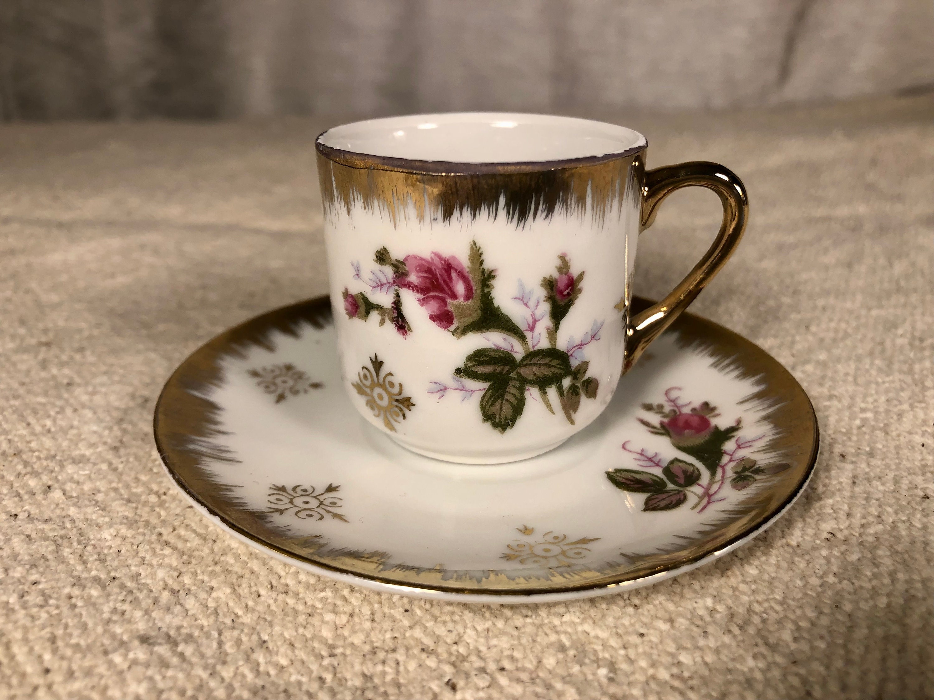 Vintage MCM Miniature Tea Cup and Saucer, Rosebuds Metallic Gold Pink ...