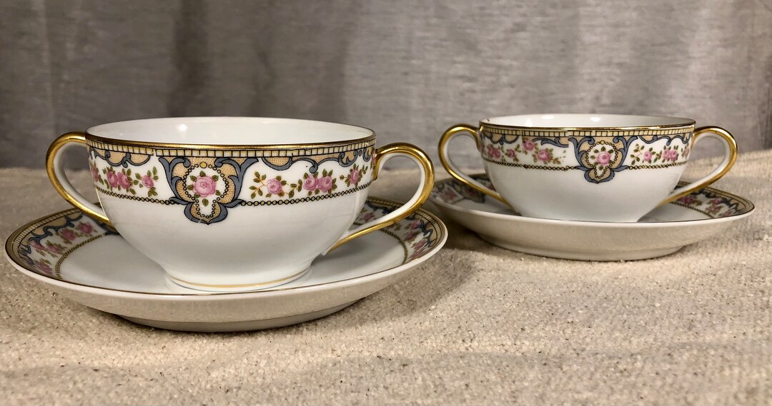 Antique Pair Portland Noritake Double-handled Tea Cups & Saucers ...