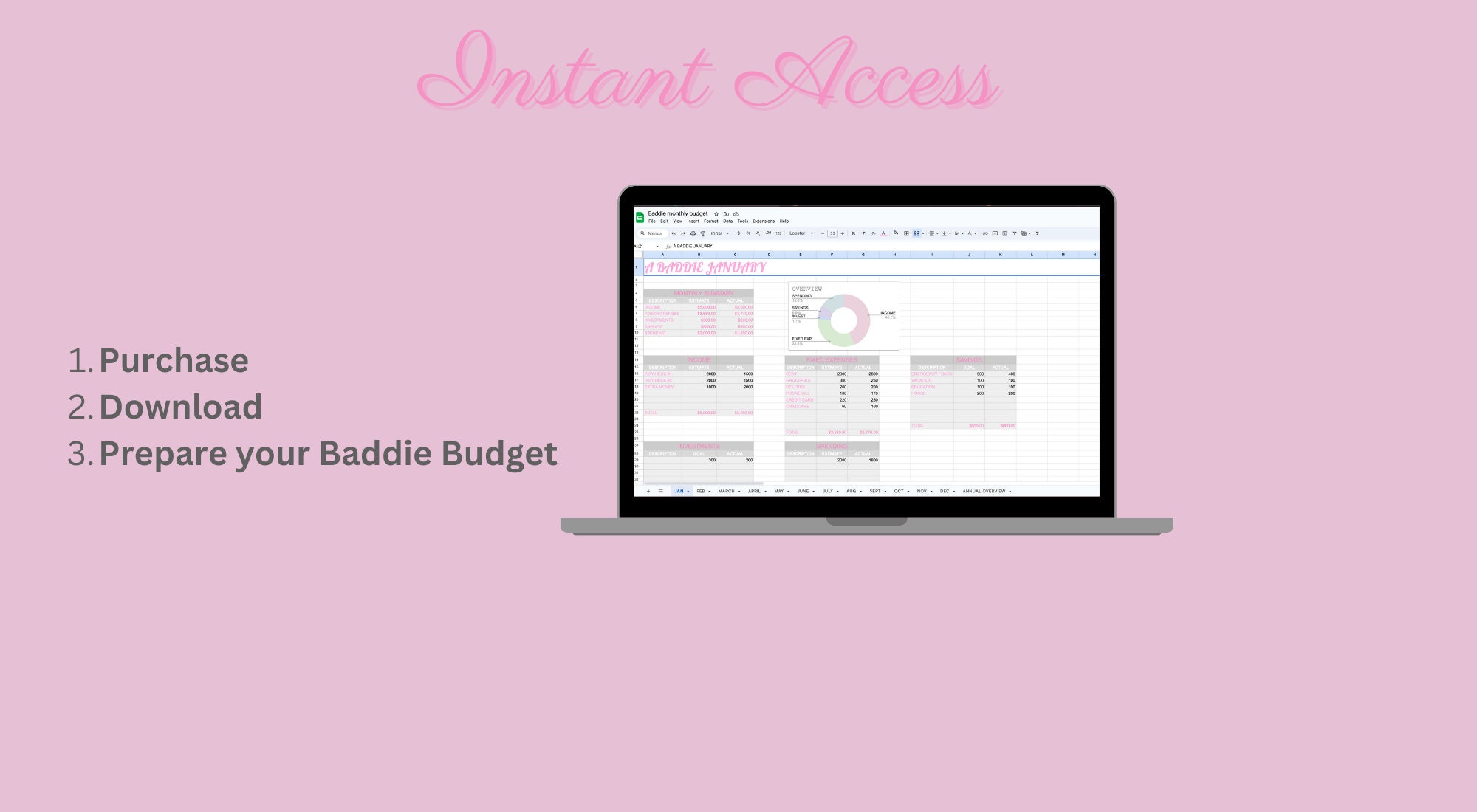 Monthly Budget Spreadsheet Pink Palette Easy Google Sheets - Etsy