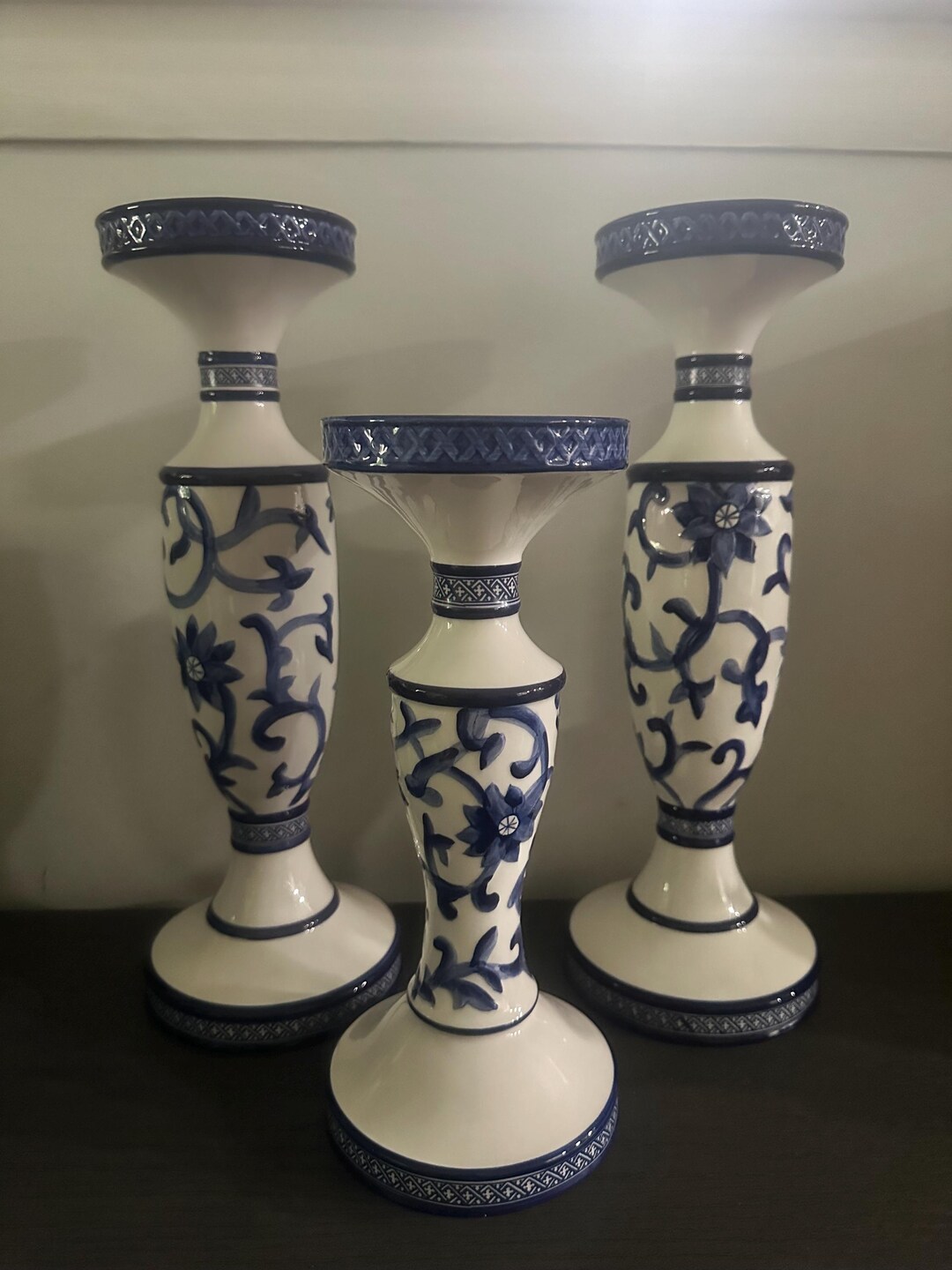 Candle Holders by Ralph Lauren Set of 3 Pillars. Antique Mandarin Blue ...