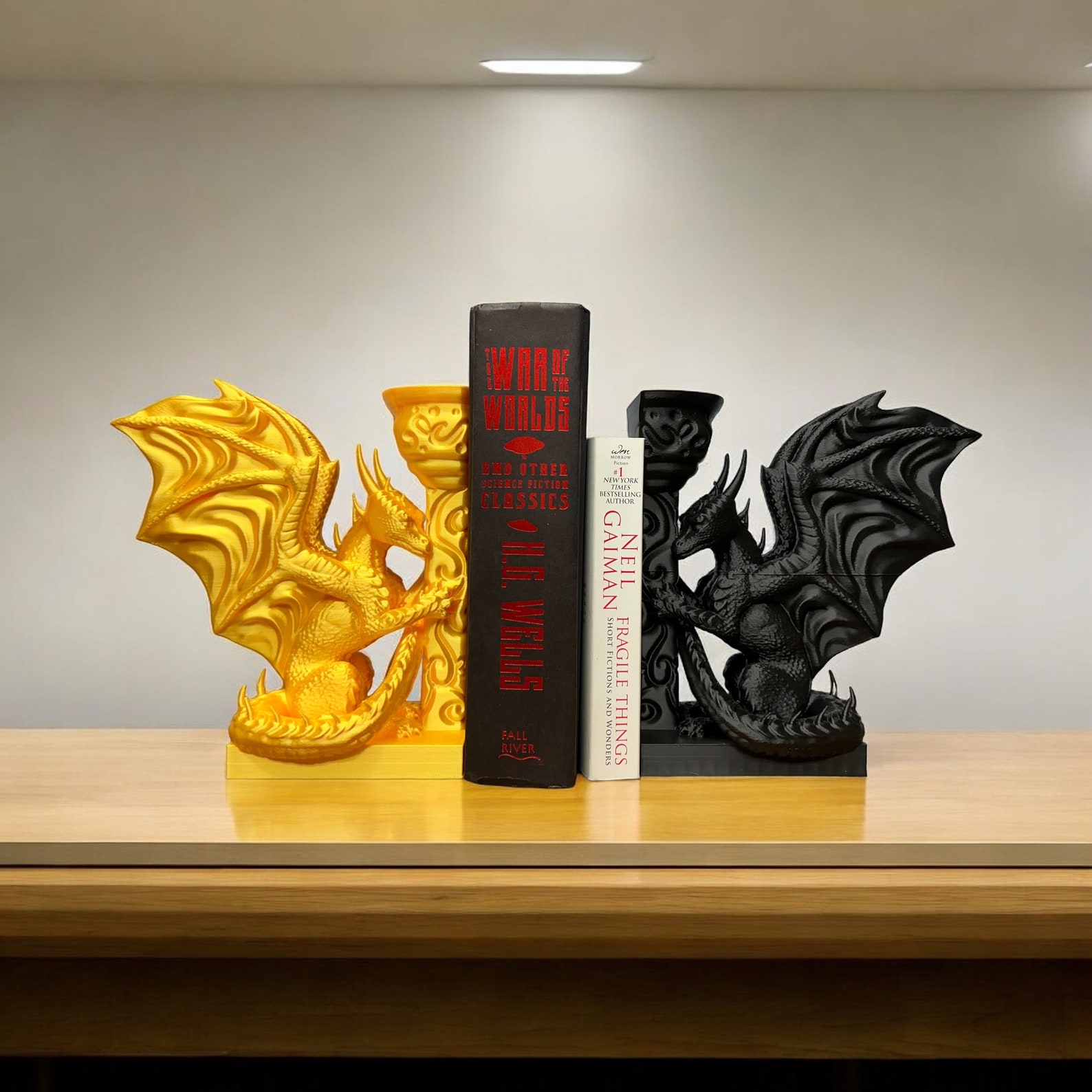 3D Printed Dragon Bookends: Gold & Black Fantasy Decor - Etsy