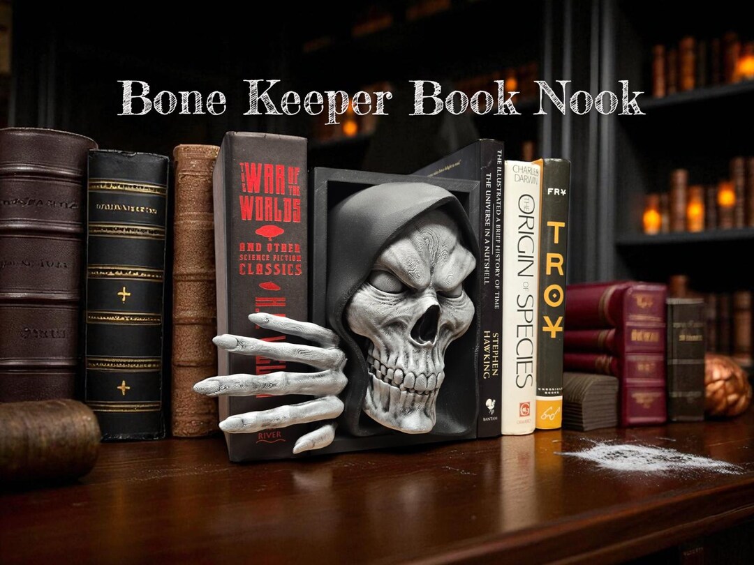 The Bone Keeper Book Nook | Grim Reaper Skull Hand Painted Silver ...