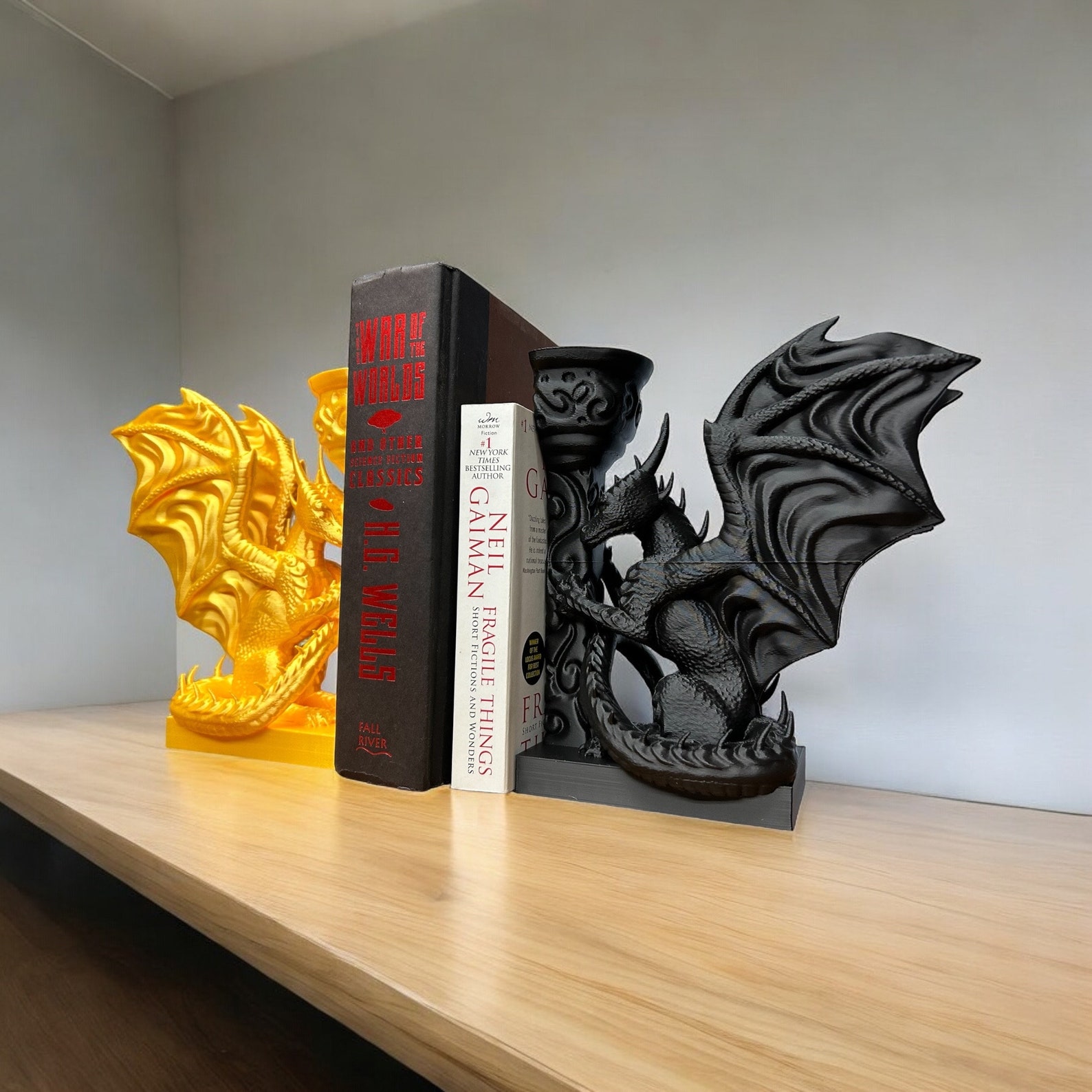 3D Printed Dragon Bookends: Gold & Black Fantasy Decor - Etsy