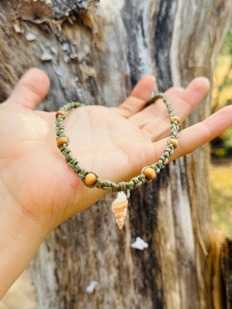 Spiral Sea Shell, Sandalwood Bead and Hemp Necklace, Boho Beach Jewelry ...
