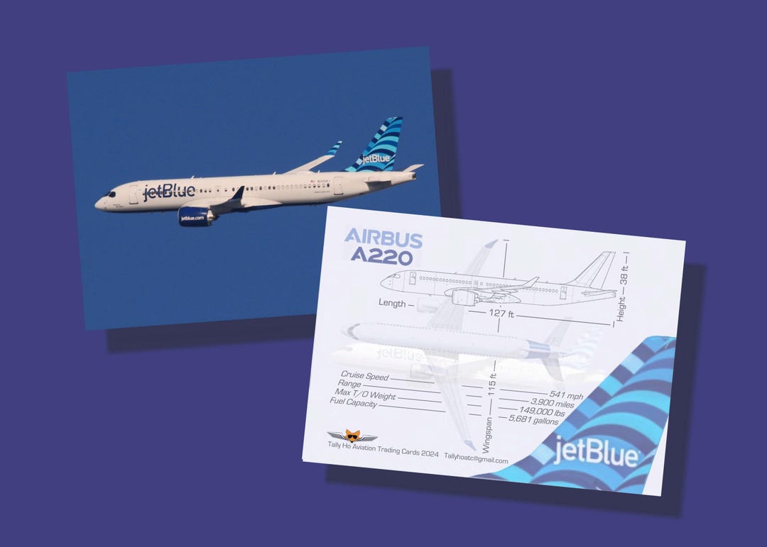 Jetblue Airways Airbus A220 Set of 25 Aviation Trading Cards - 2.5"x 3. ...