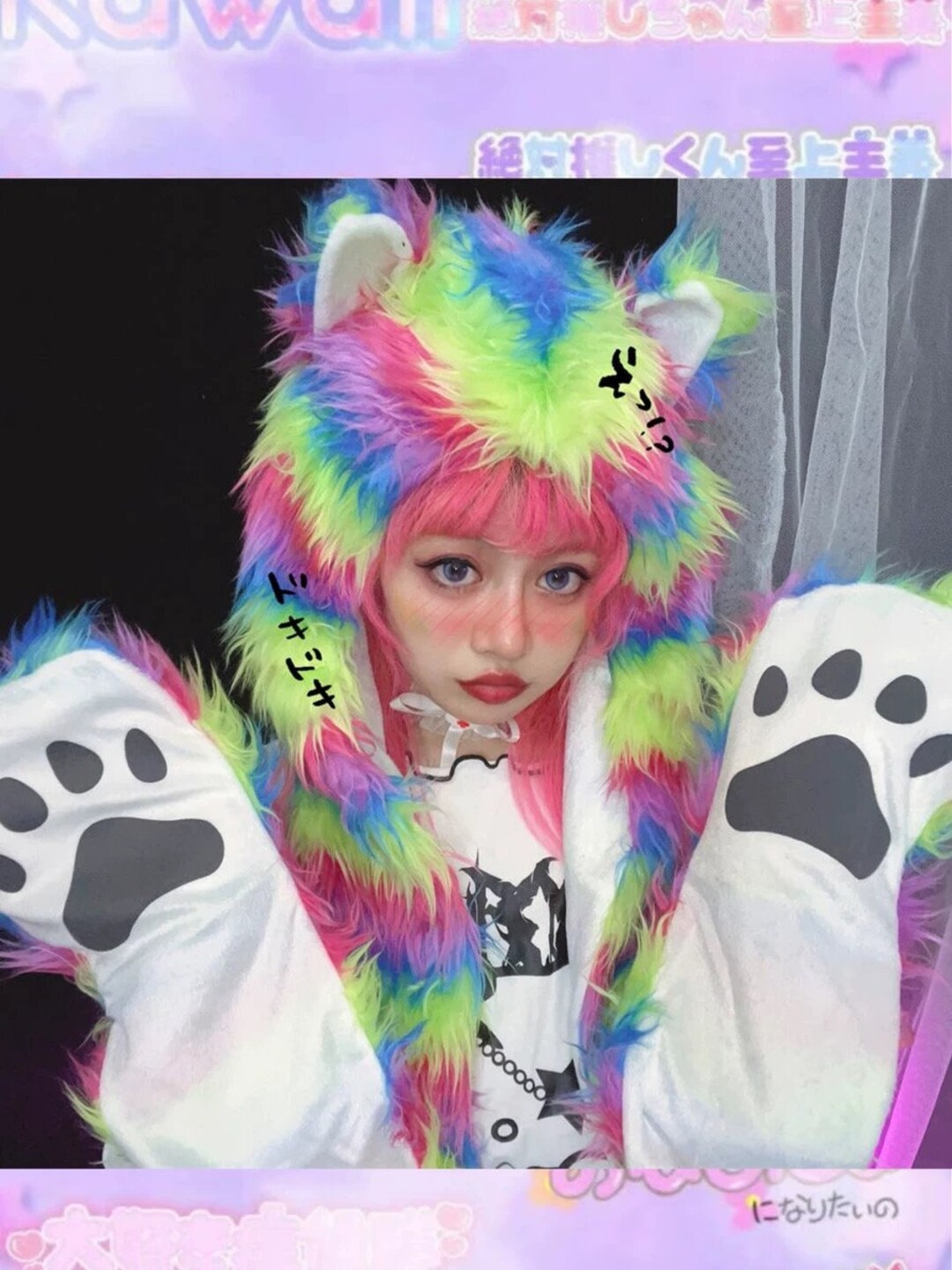 3 in 1 Cute Rainbow Animal Fur Faux Hoods With Ear Flaps Scarf Paw ...