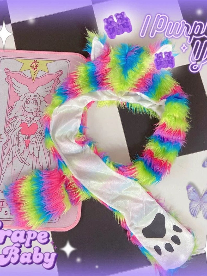 3 in 1 Cute Rainbow Animal Fur Faux Hoods With Ear Flaps Scarf Paw ...