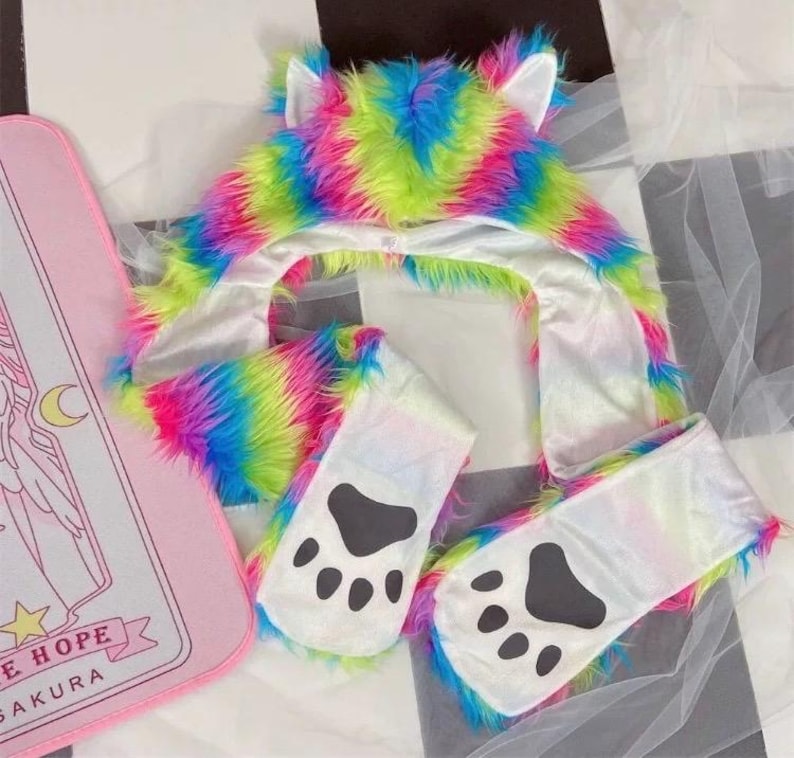 3 in 1 Cute Rainbow Animal Fur Faux Hoods With Ear Flaps Scarf Paw ...
