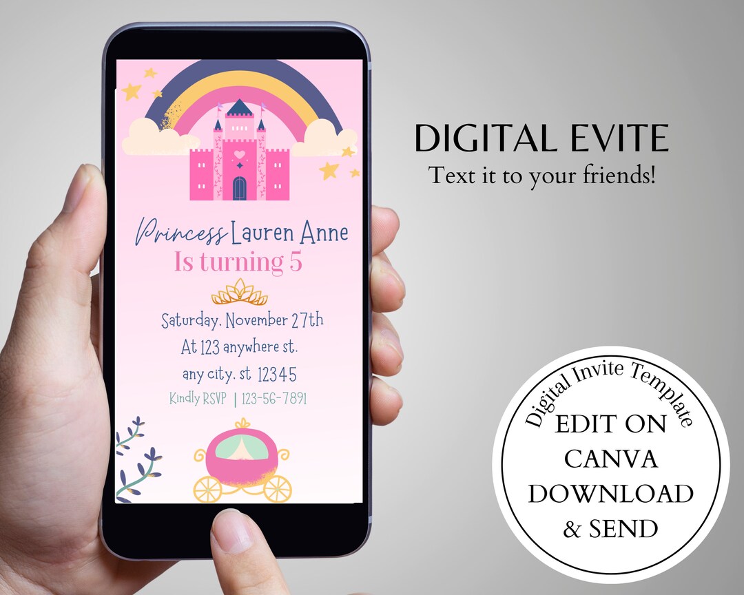 Girls Princess Birthday Party Invitation, Digital Invitation, Princess ...