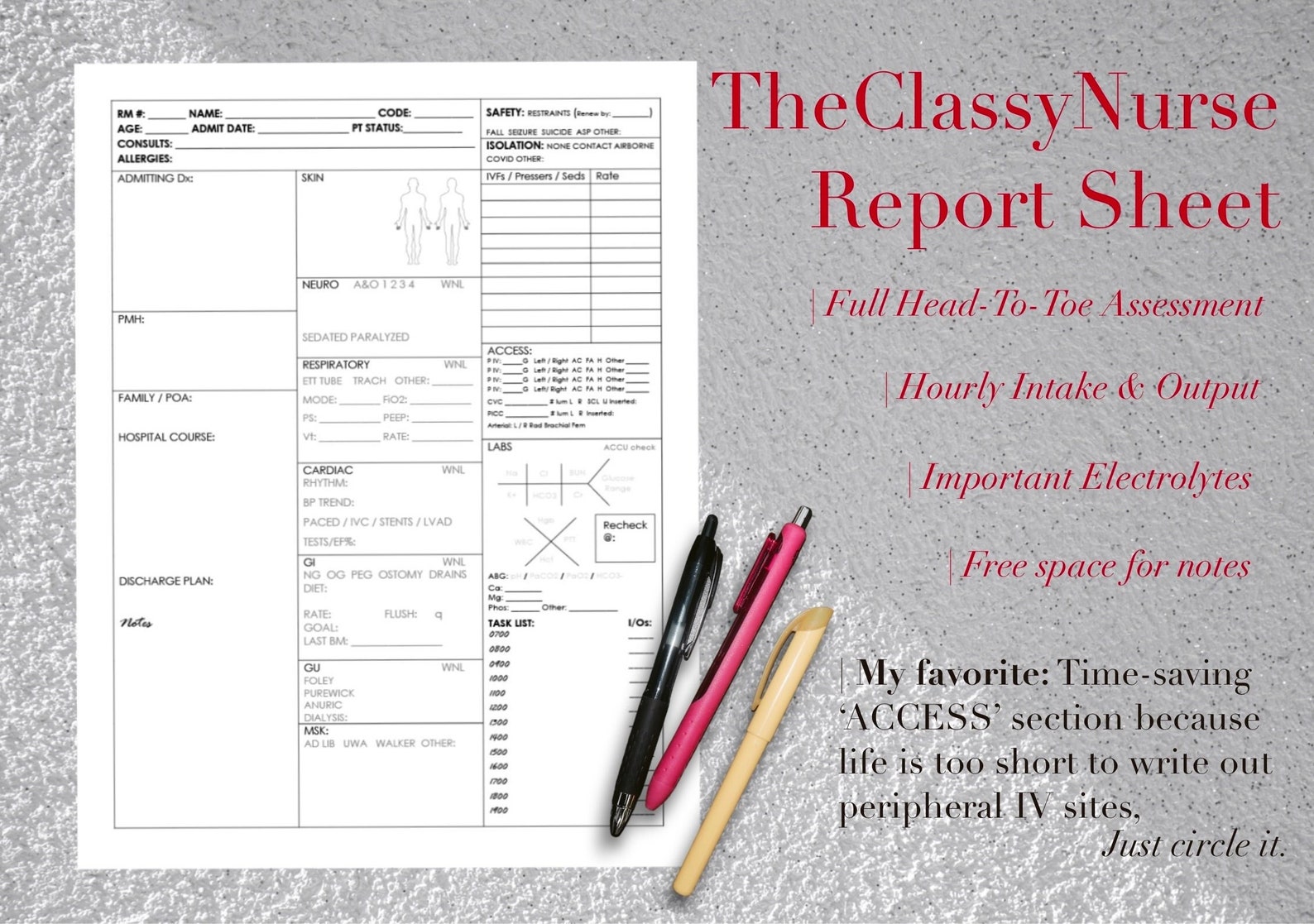 Nursing Report Sheet ICU or All Units Nursing Report Sheet Versatile ...
