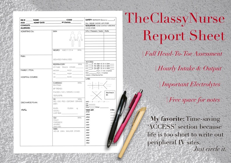 Nursing Report Sheet ICU or All Units Nursing Report Sheet Versatile ...
