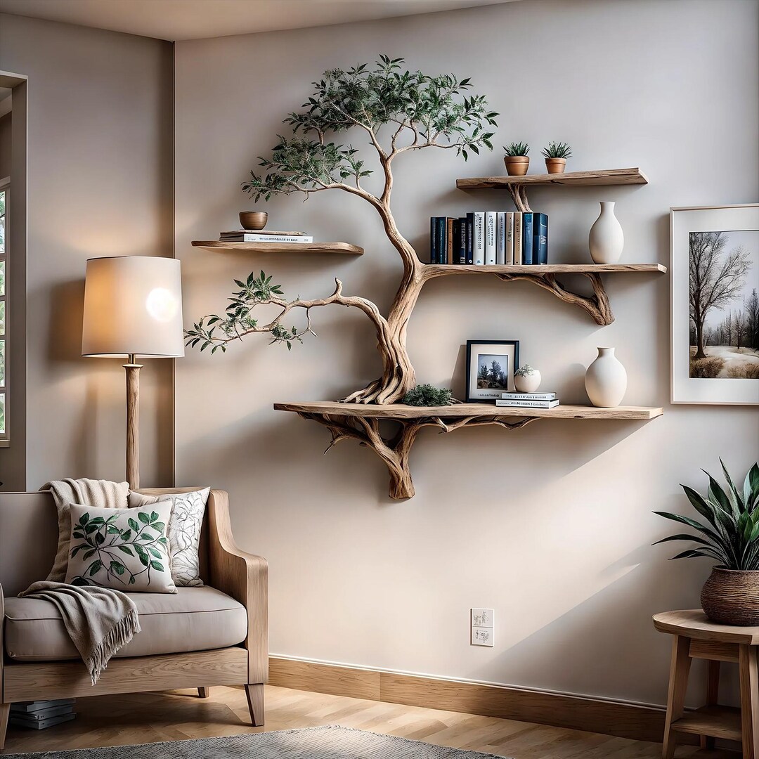Tree Branch Wall Shelf – “tree of Serenity” Rustic Wooden Bookshelf ...