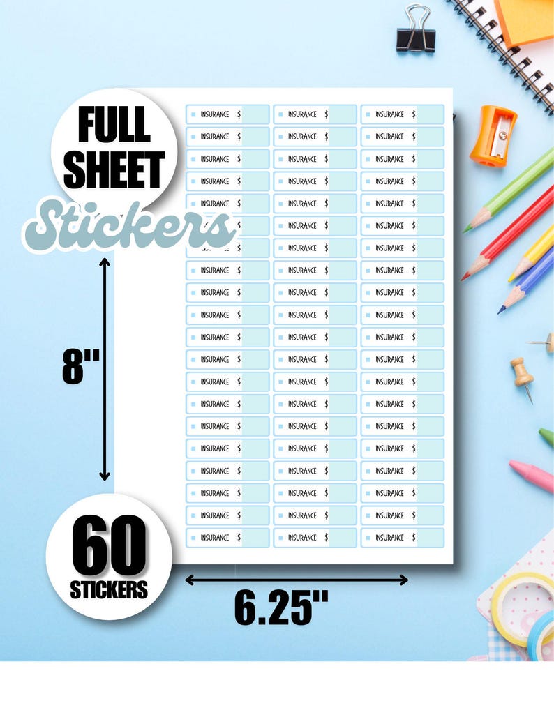 Insurance Full Sticker Sheet | 7x9 Planner Stickers | Full Sheet ...