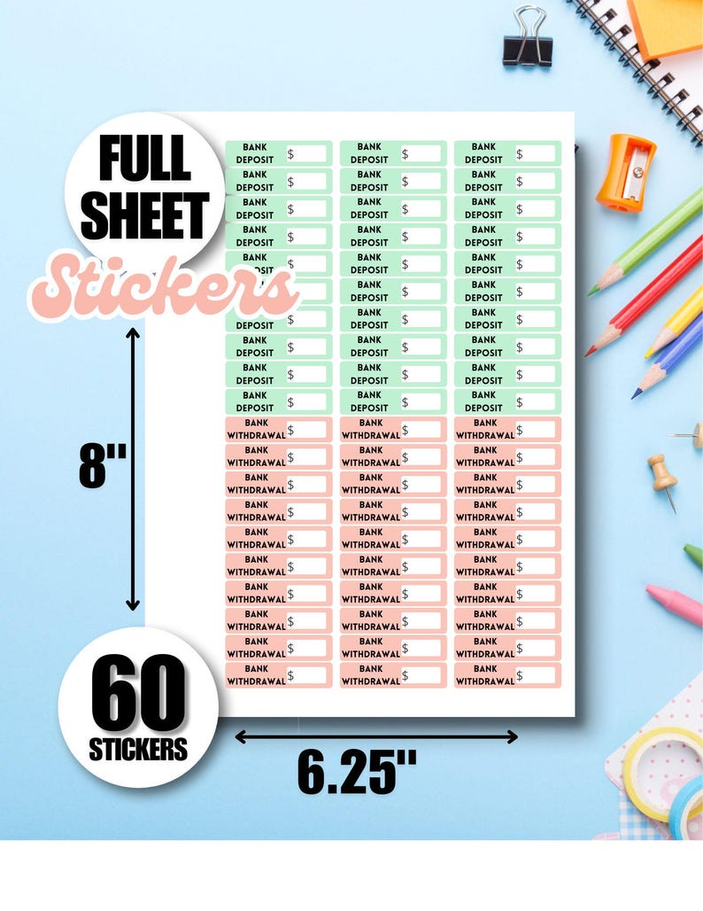 Bank Deposit Withdrawal Sticker Sheet | 7x9 Planner Stickers | Full ...