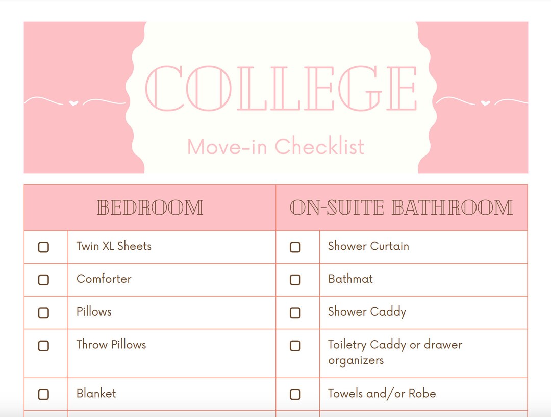 College Move-in Checklist - Etsy