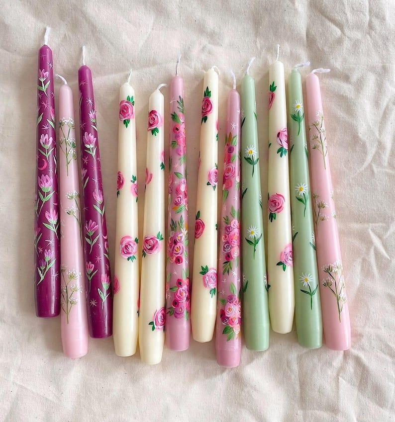 Hand Painted Rose Flower Taper Candles - Set of 2 Wedding/engagement ...